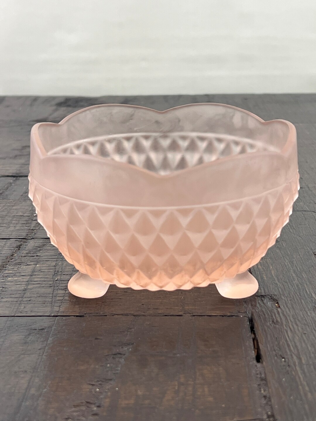 Vintage Satin Pink Diamond Pattern Indiana Glass Co, Three Footed Candy ...