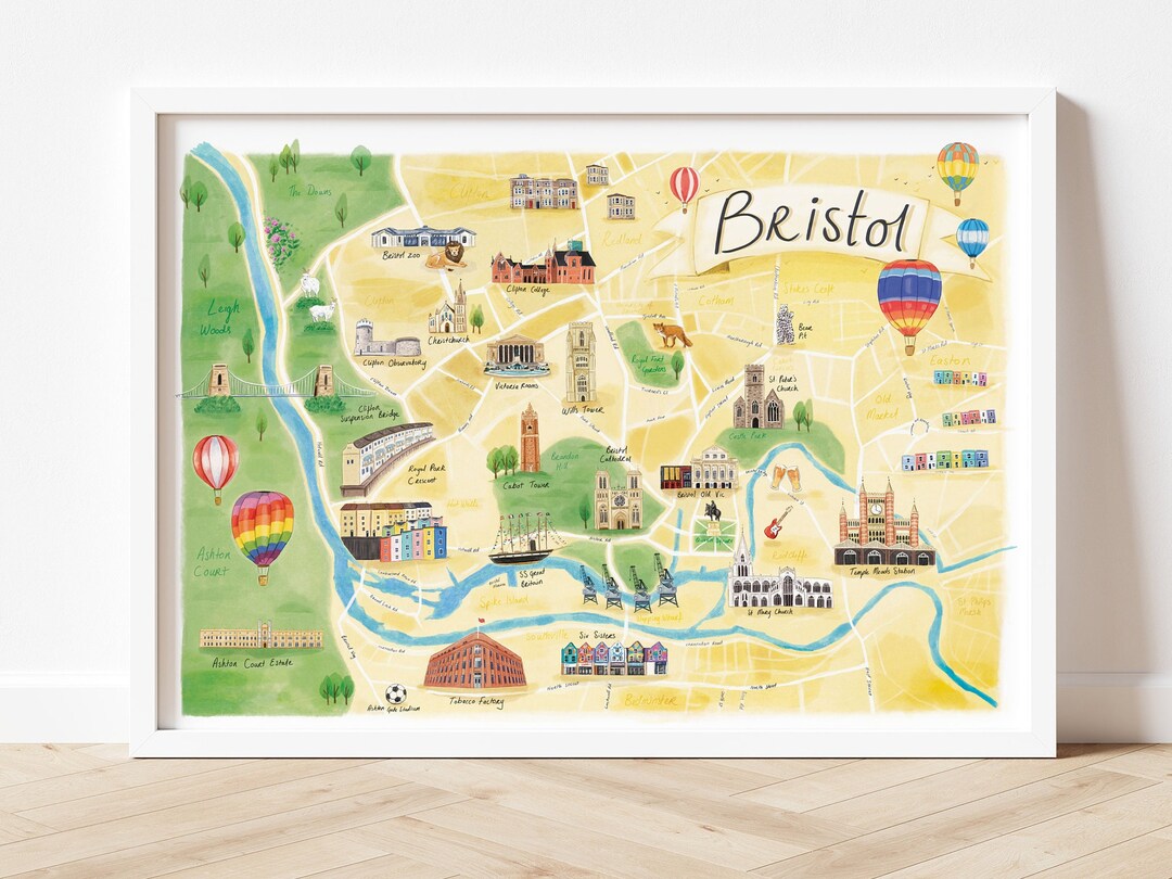 Mapa ilustrado de Bristol, Mapa de Bristol, Arte de la pared de Bristol ...