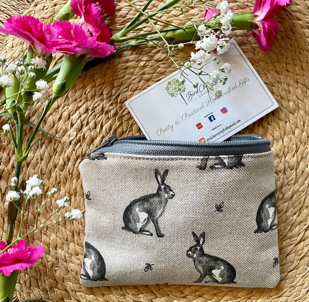 Rabbit Print Coin Purse: Grey Fabric Card Wallet, Face Mask Pouch. - Etsy
