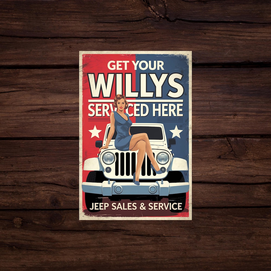 Vintage Willys 4x4 off Road Sales & Service Pinup Girl Sign for Garage ...