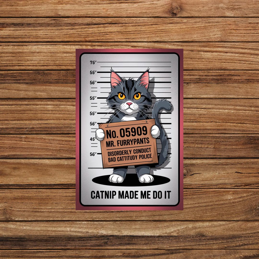Funny Catnip Mugshot Cat Sign Humorous Feline Criminal Decor for Cat ...