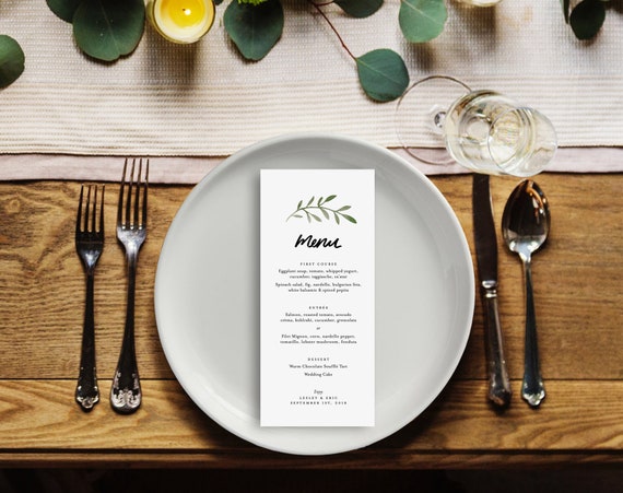 Greenery Garden Botanical Printable Wedding Menu Template 4x9 | Etsy