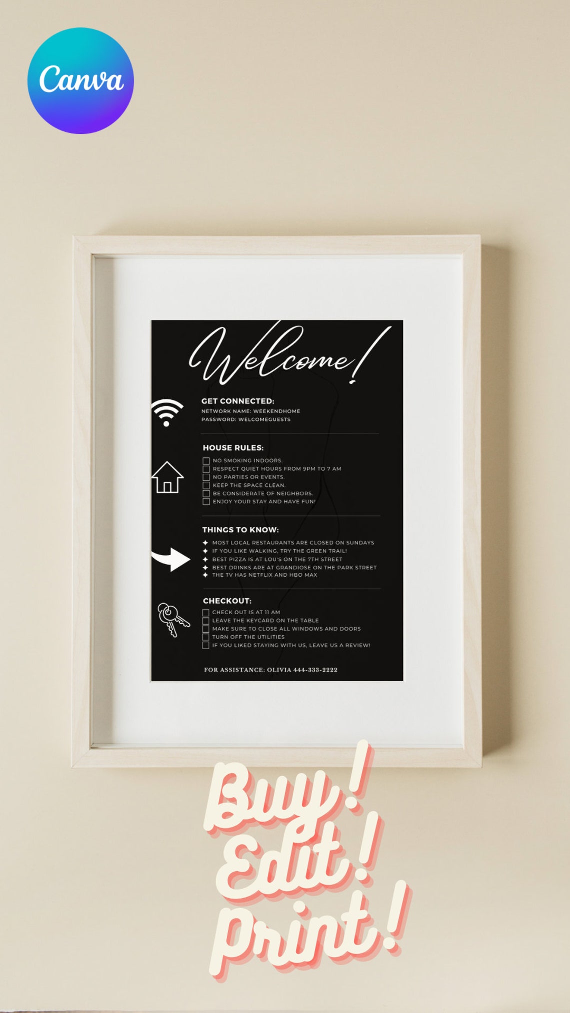 Editable Airbnb Welcome Guide Signage, Printable Short Term Rental ...