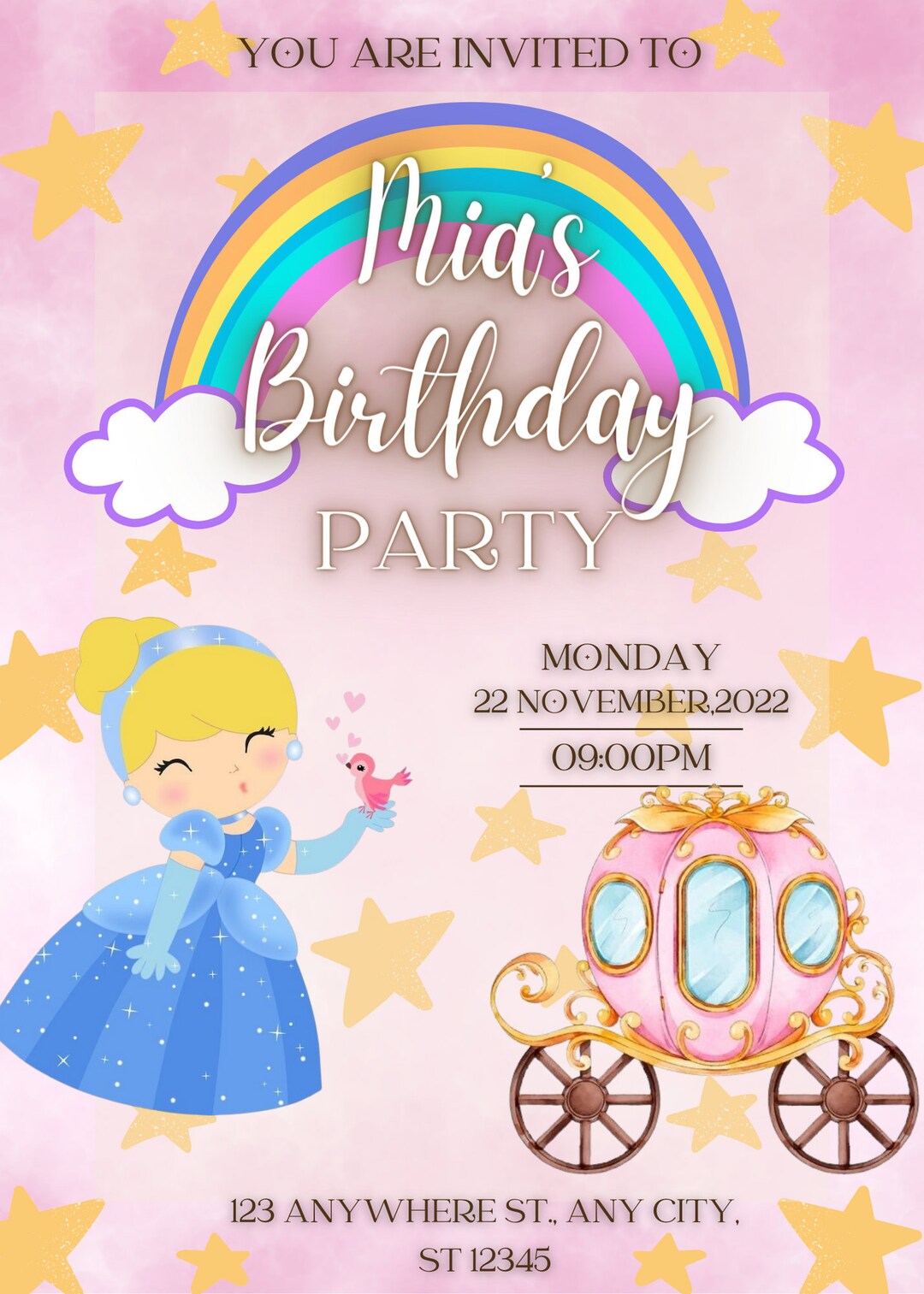 Princess Birthday Girl Invitation Editable Template Custom Printable ...