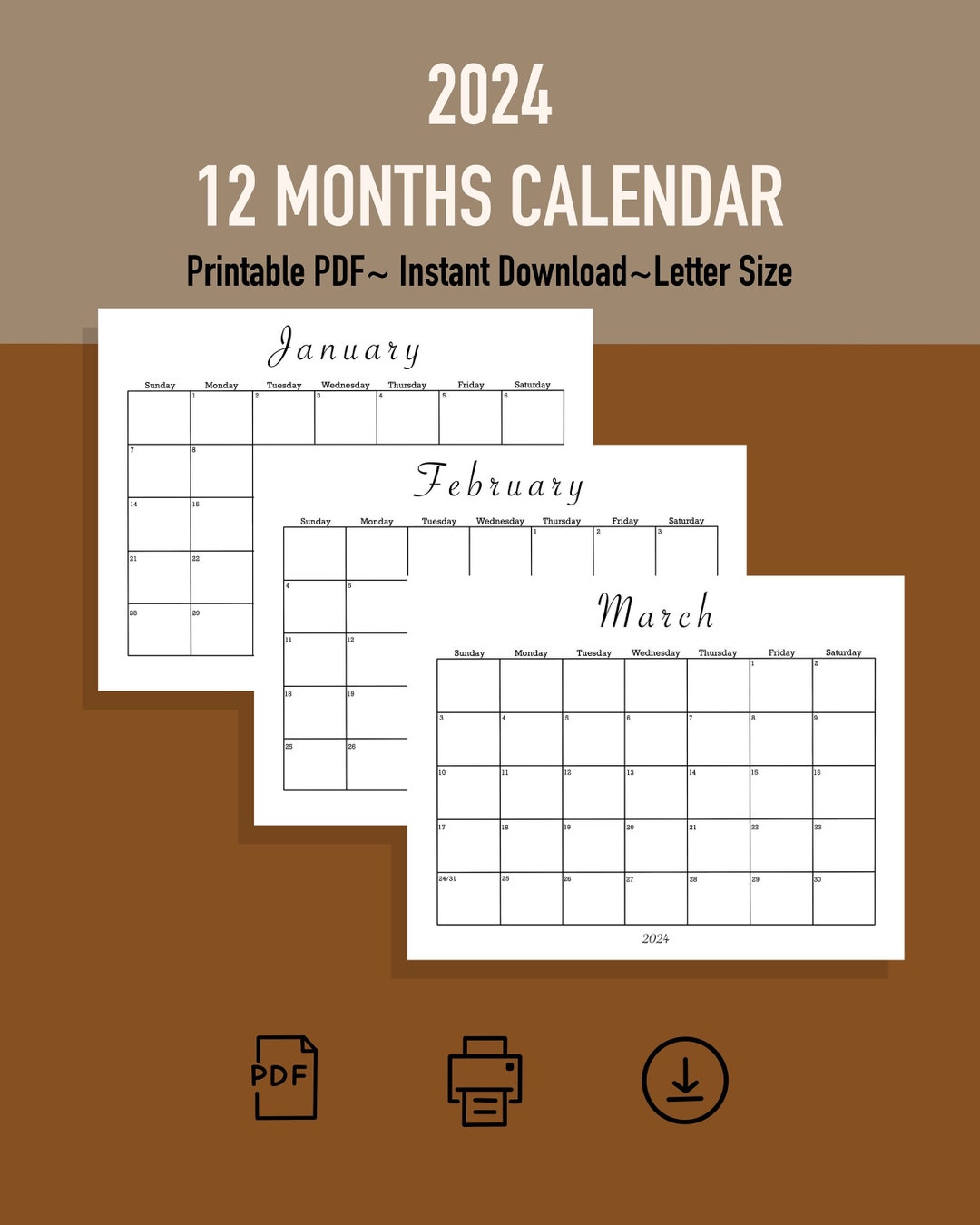 12 Month Printable Calendar 2024 Monthly Planner for 2024 12 Pages ...