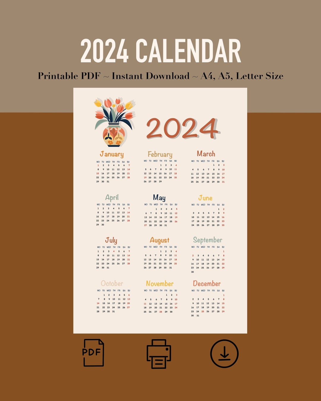 Printable 2024 Calendar Instant Print Calendar One Page Calendar 2024 ...