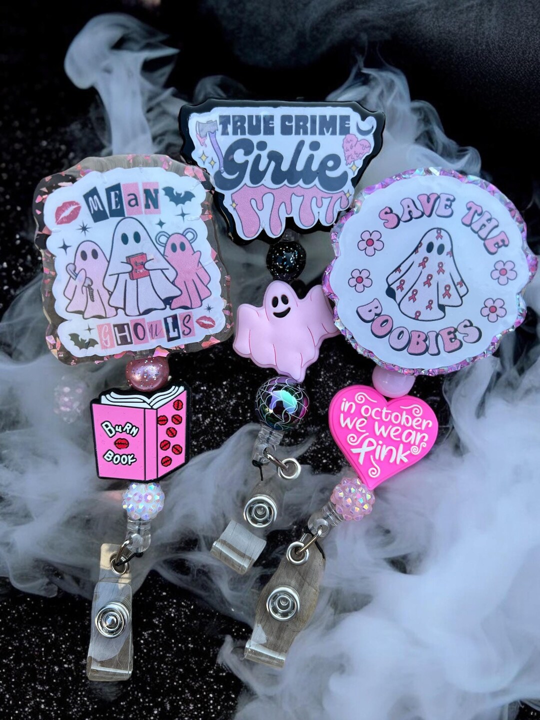 Mean Ghouls Badge Holder, Breast Cancer Awareness, Save the Boobies ...