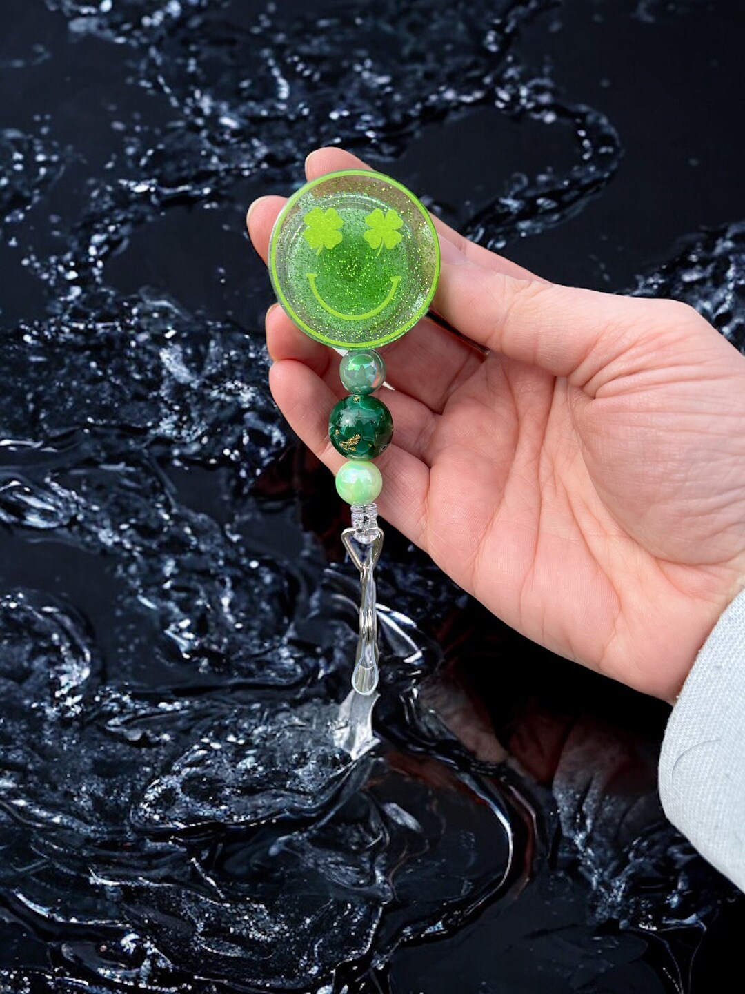 St. Patrick’s Day, Four Leaf Clover Eyes Smiley Face Badge Reel, Lucky ...