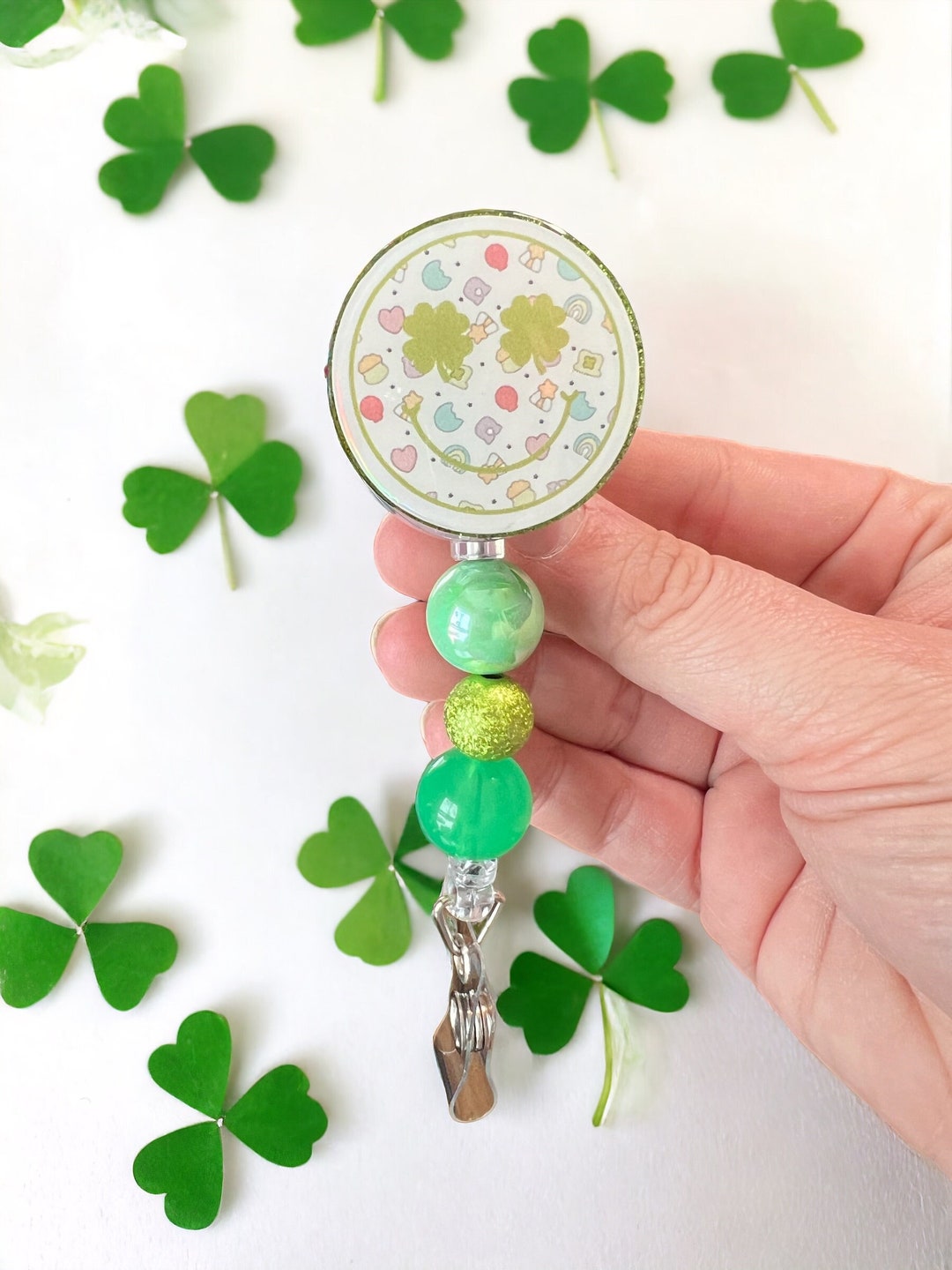 Lucky Charm Four Leaf Clover Eyes Smiley-face Badge Reel, St. Patrick’s ...
