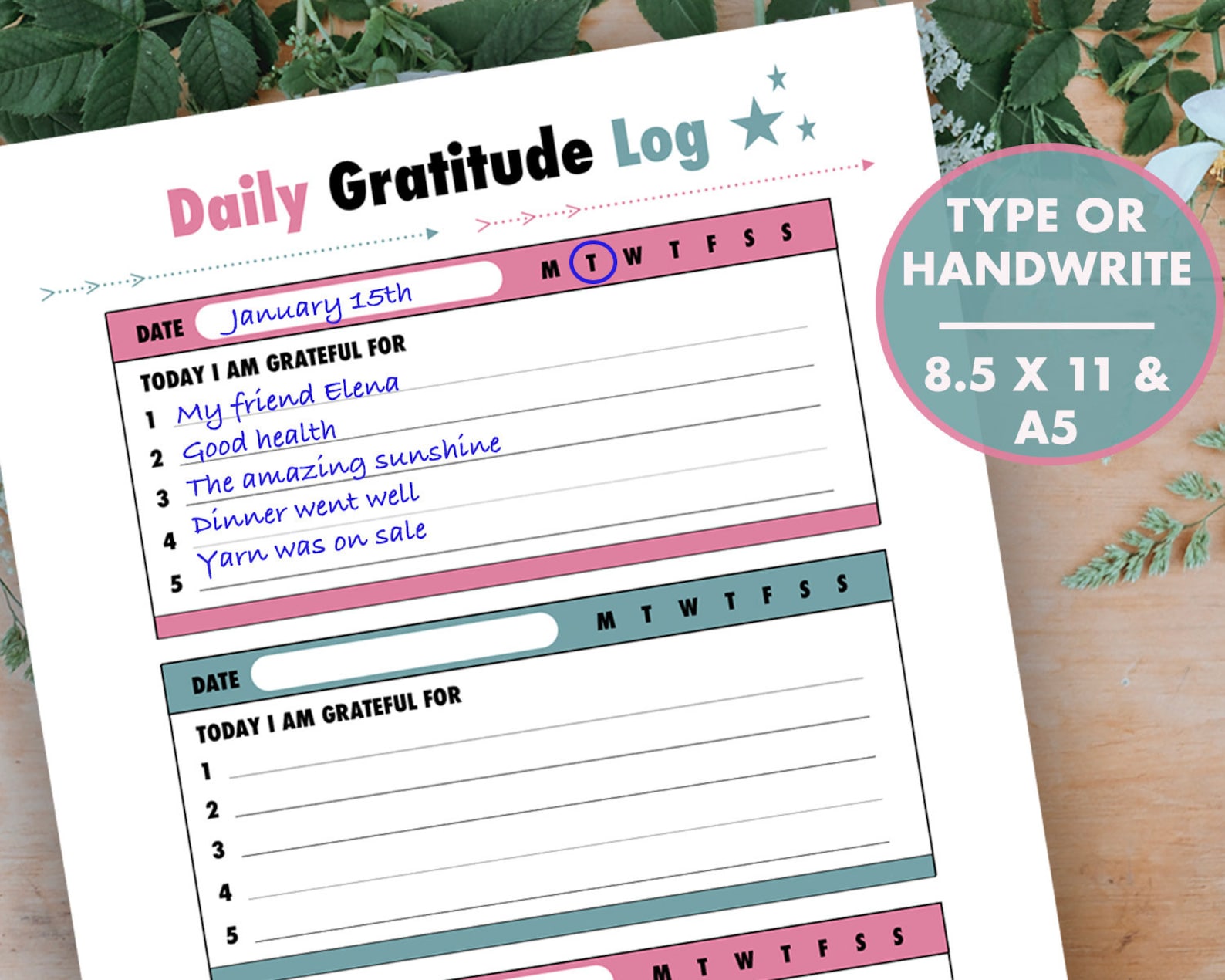 Daily Gratitude Log, Gratitude Journal, Gratitude List, Gratitude ...