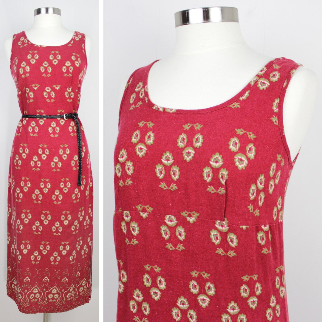 Vintage 90s Linen Midi Dress /// Retro 1990s Boho Red Printed Scoopneck ...
