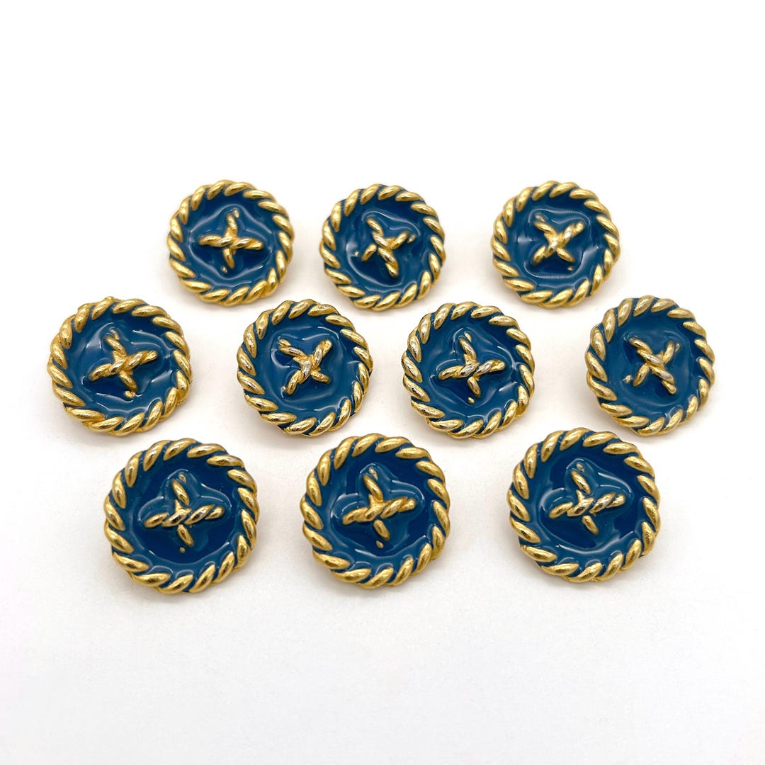 Vintage Metal + Enamel Shank Buttons (10) - 20mm // Retro Blue + Gold ...