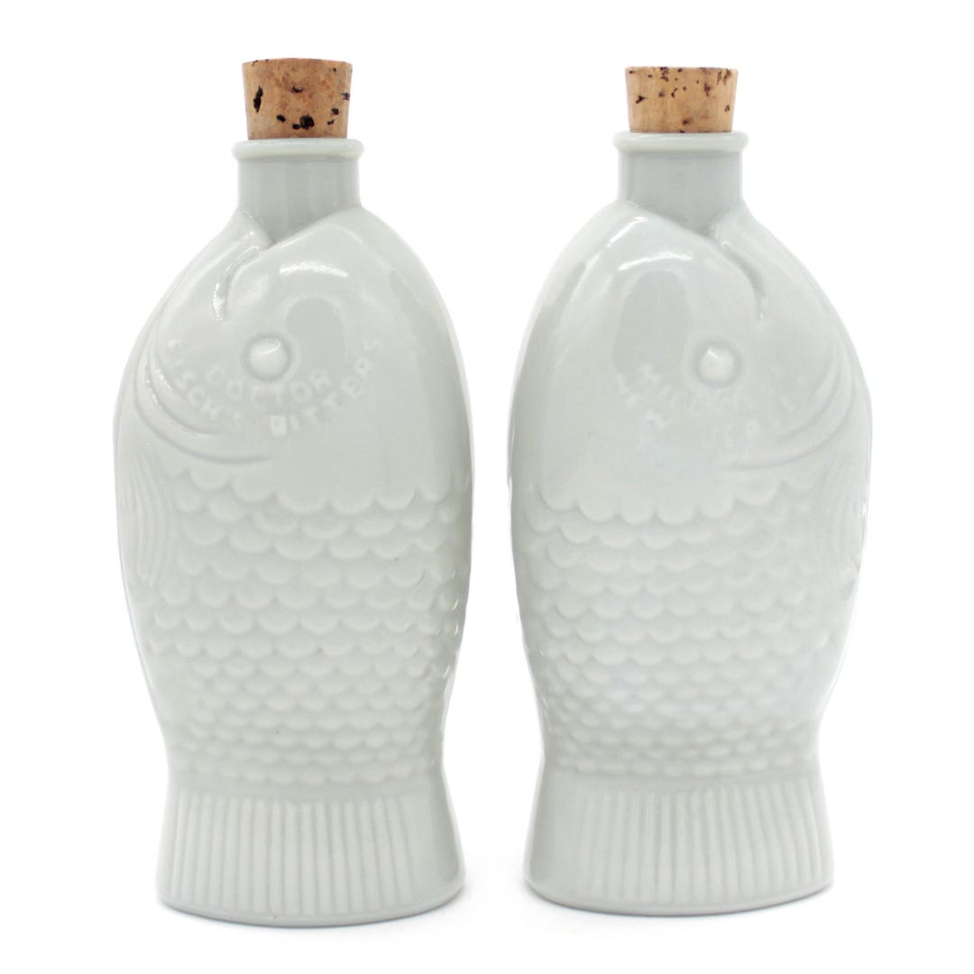 Vintage 7.5" Doctor Fisch’s Bitters Milk Glass Fish Bottles (2 ...