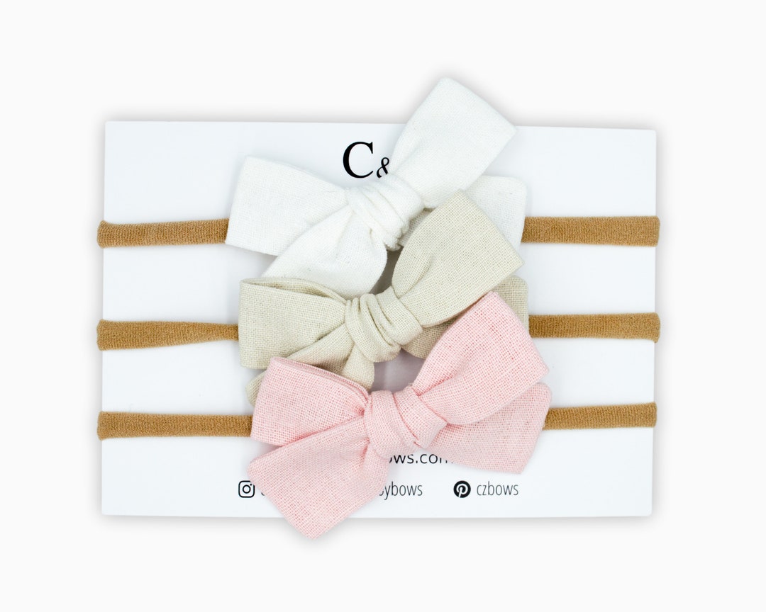 Set 3 Petite Bows. Baby Bows. Linen. Baby Headbands. Newborn Headbands ...