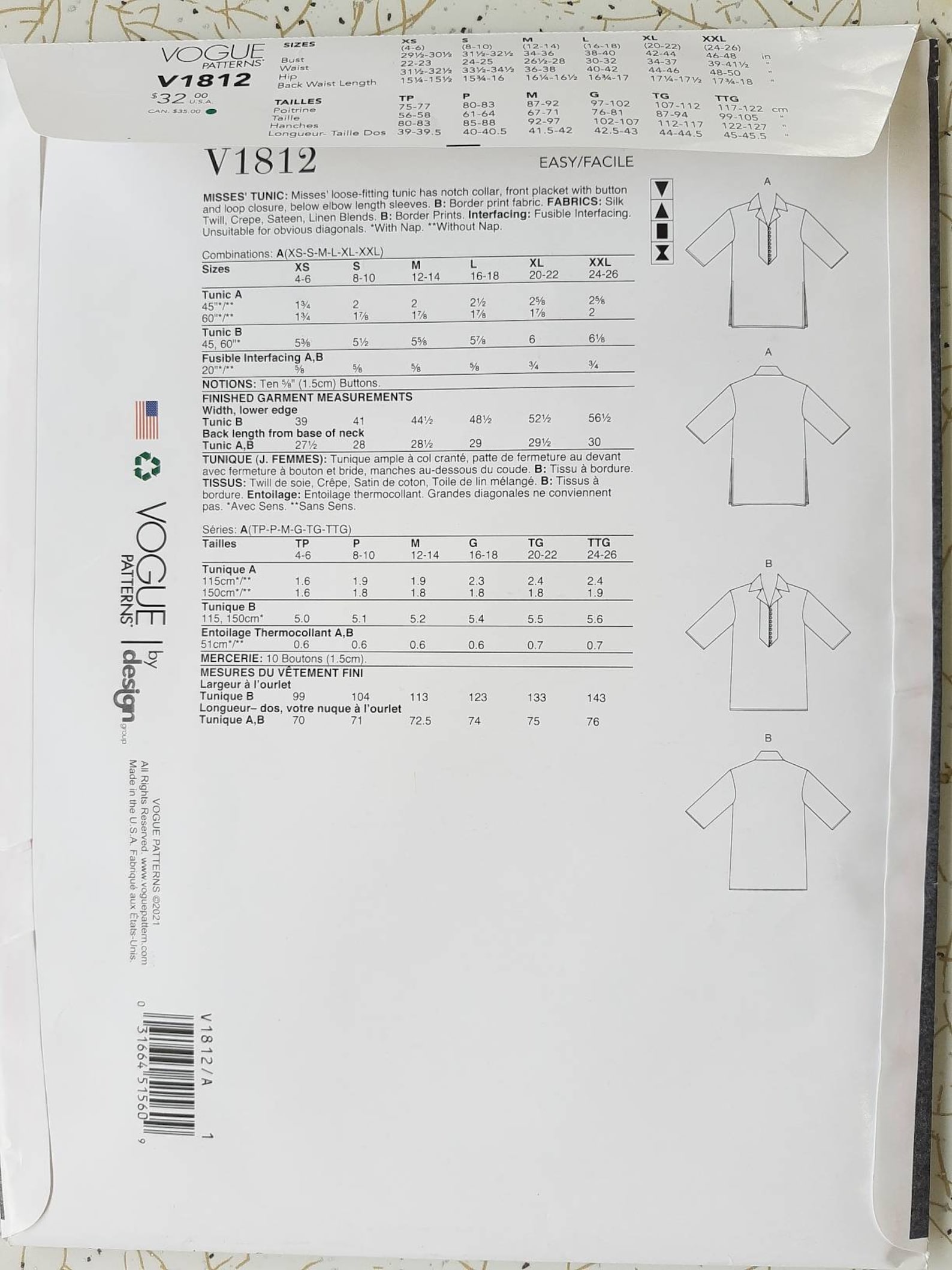 Vogue Patterns ~ Designer Tunic With Button Detail 1812 ~ New Season ...