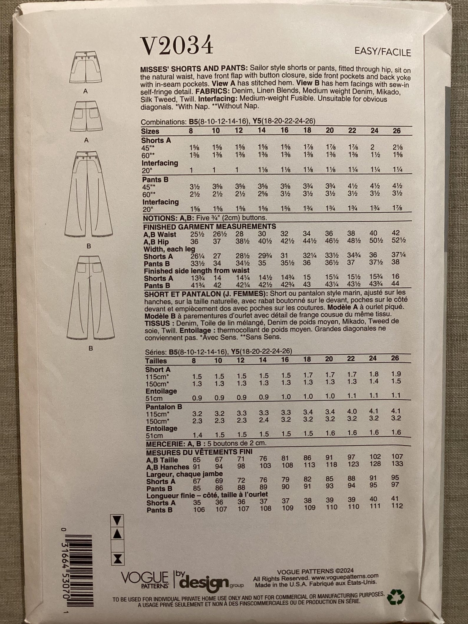 VOGUE Button Front 1930s Style Sailor Pants Pattern 2034 Size 8-16 or ...
