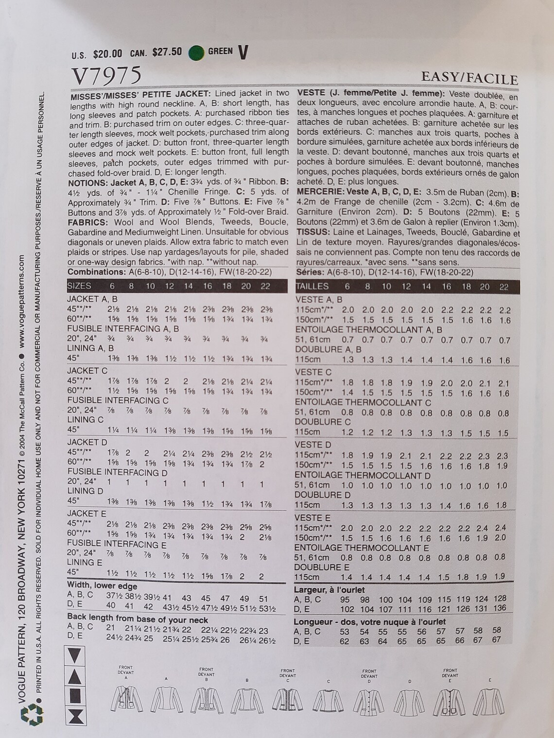 Vogue Pattern 7975 Classic Couture Style Jacket Size 6-10 | Etsy