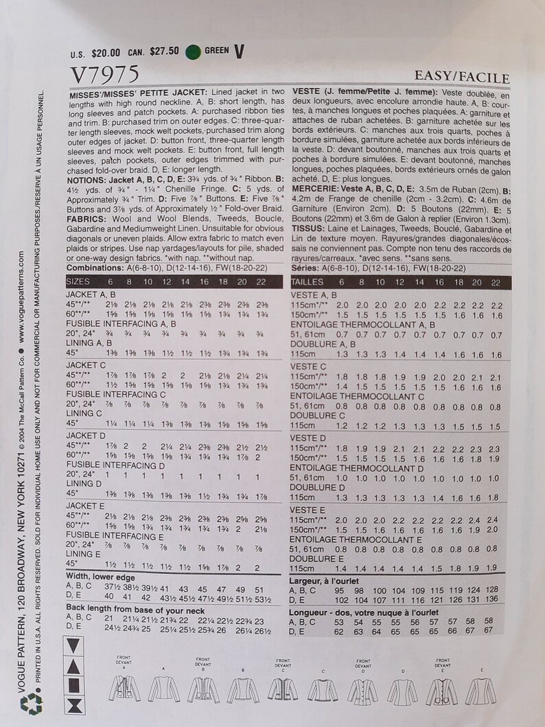 Vogue Pattern 7975 Classic Couture Style Jacket Size 6-10 | Etsy