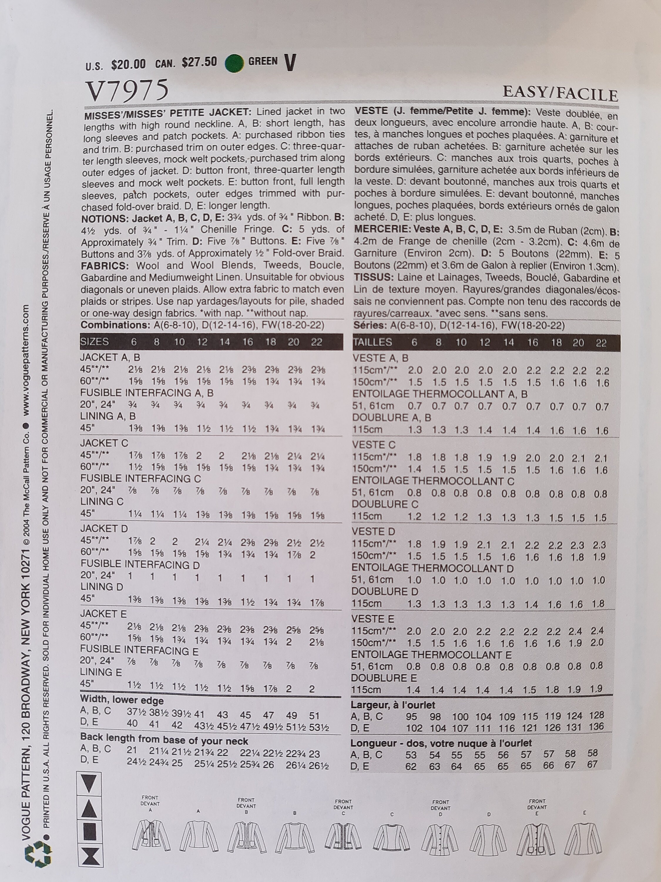 Vogue Pattern 7975 Classic Couture Style Jacket Size 6-10 | Etsy