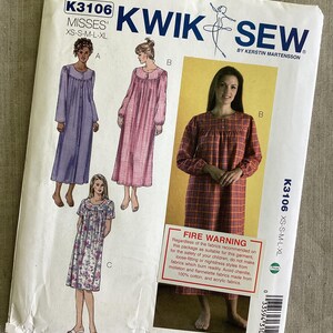 Kwik Sew Nightie Nightgown Pattern 3106 Yoke Gathered Sleeve Factory ...