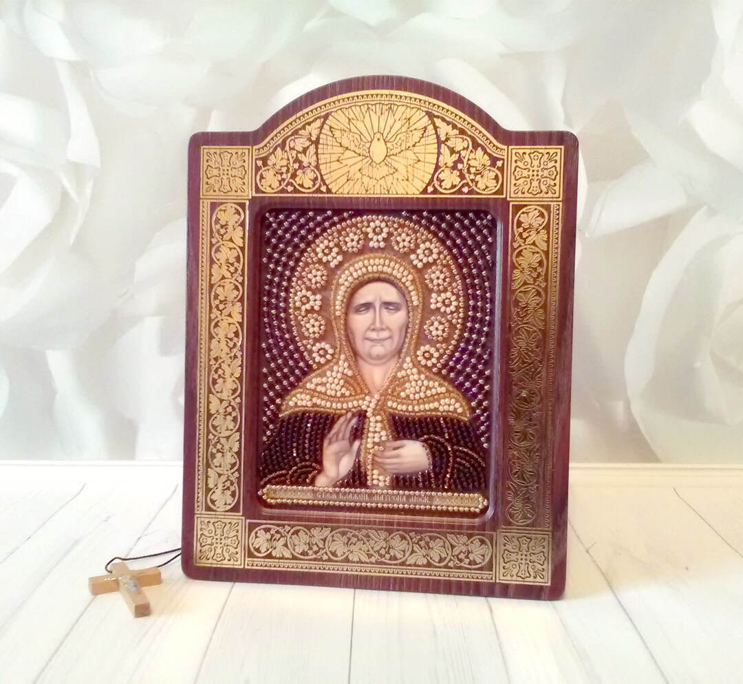 Orthodox Icon of the Holy Matron, Hand Embroidered Icon in Kiot (frame ...