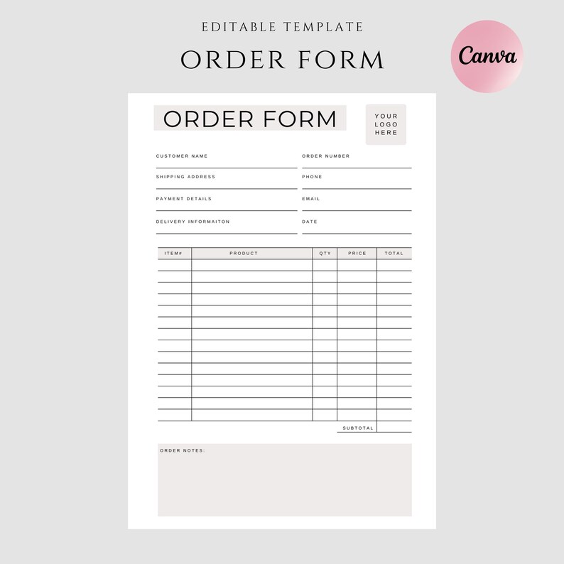 Grey Canva Order Form Template Printable Order Form Purchase | Etsy ...