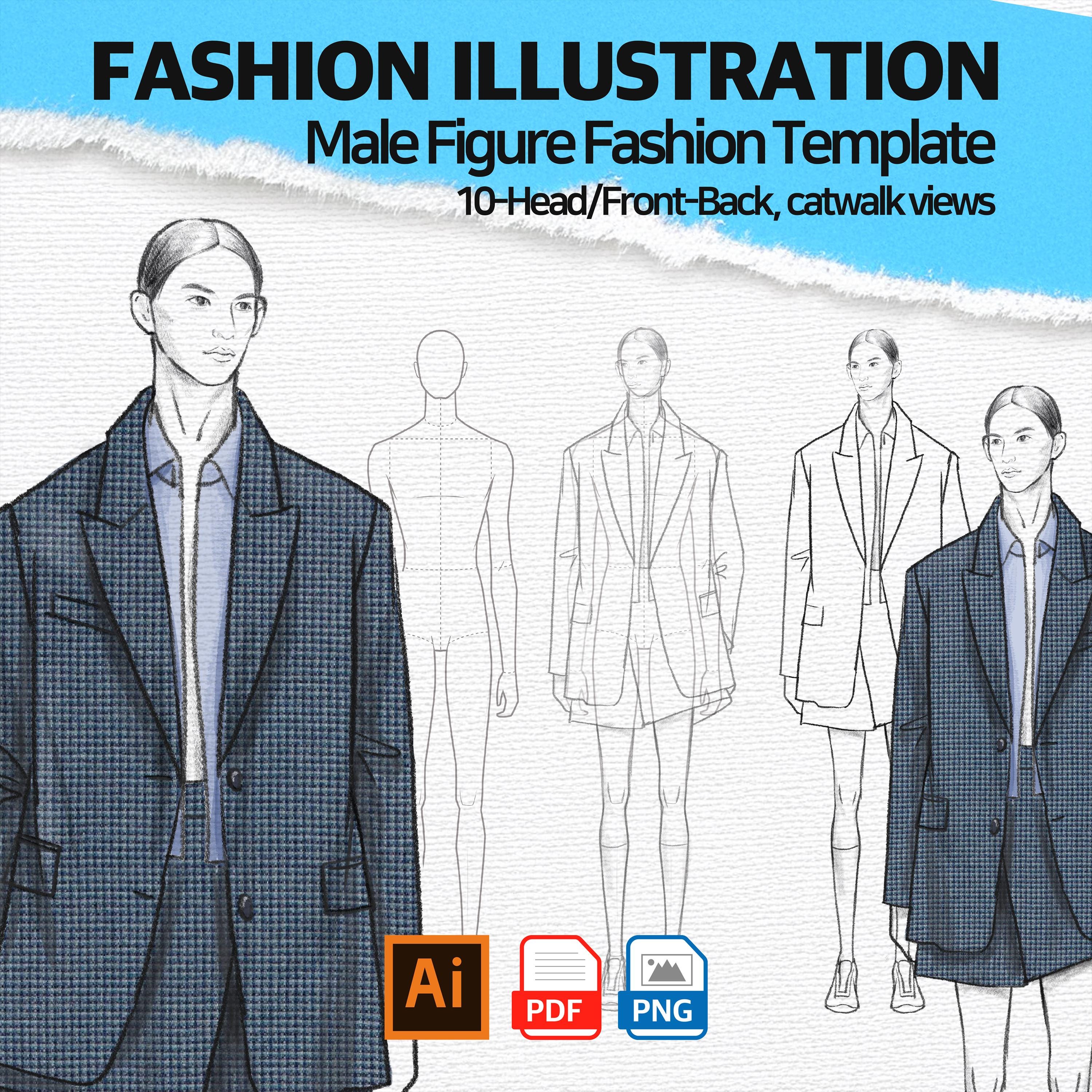 Male Figure Fashion Design Template: 10-head Proportions, Front, Back ...