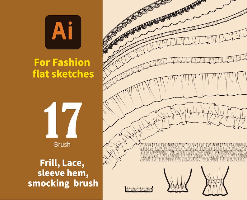 AI - 17 Brushes for Fashion Flat Sketch in Adobe Illustrator, Ruffles ...