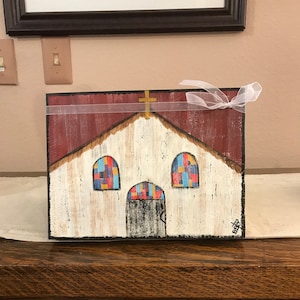 Pretty Rustic Church With Stained Glass Handpainted Onto a Rough Hewn ...