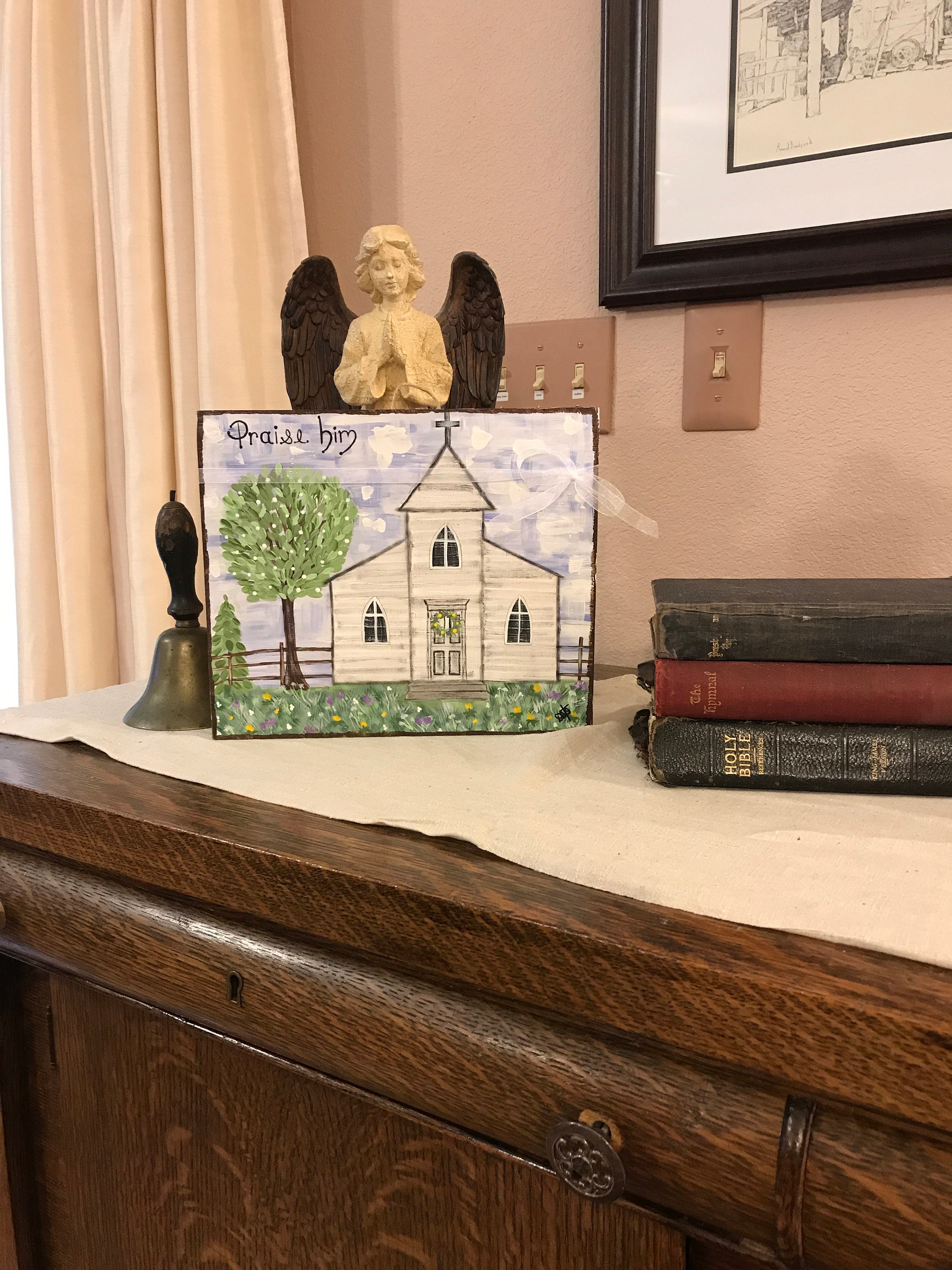 Country church handpainted Spring church on wood Praise Him | Etsy
