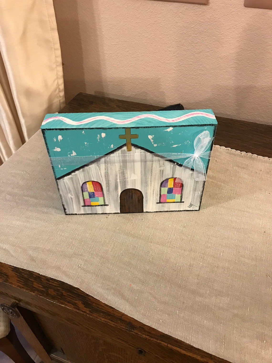 Country wood church with stained glass handpainted onto a | Etsy