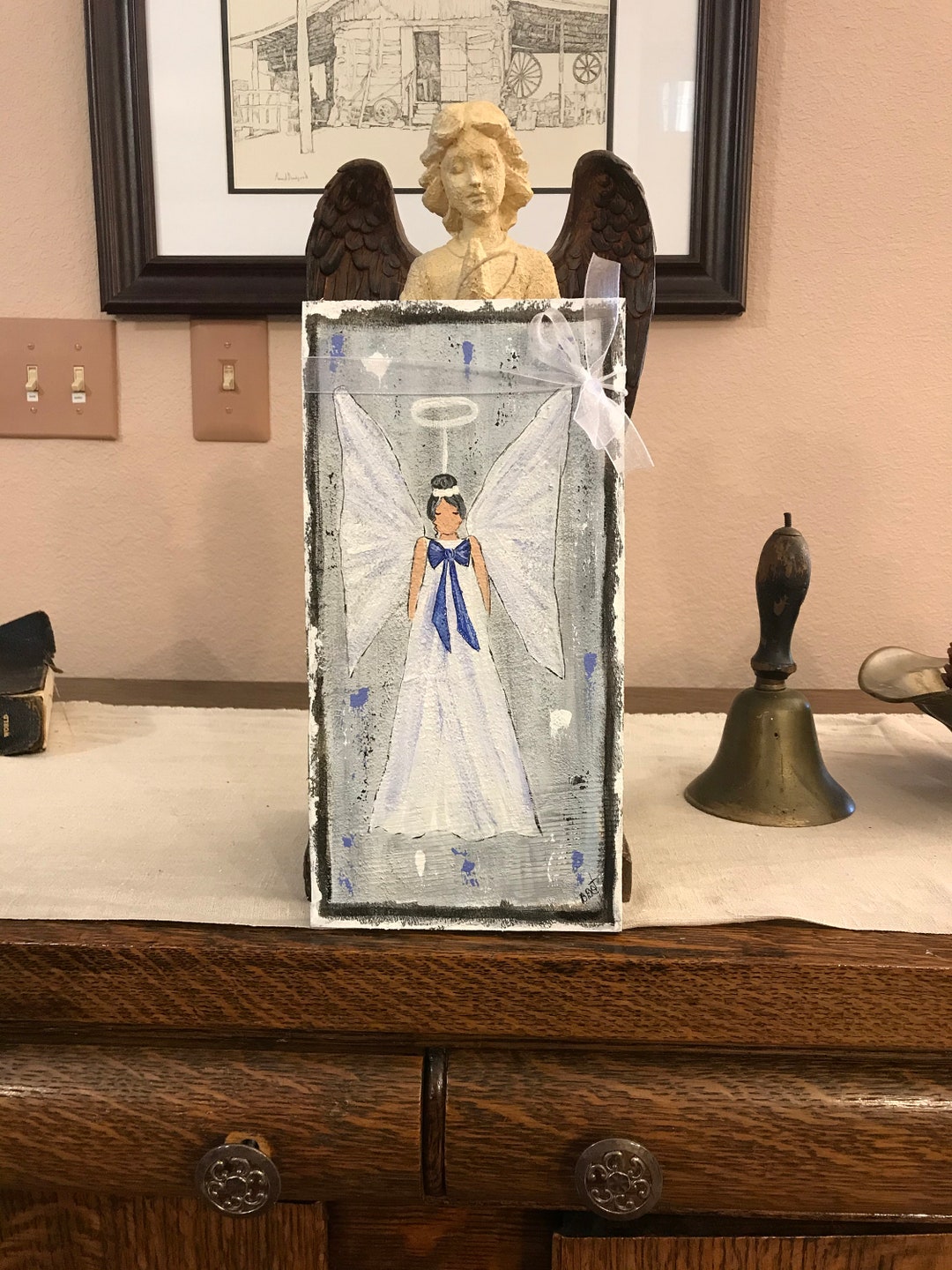 Rustic Angel, Handpainted Angel on Salvaged Wood, Blue Bow Angel, Angel ...