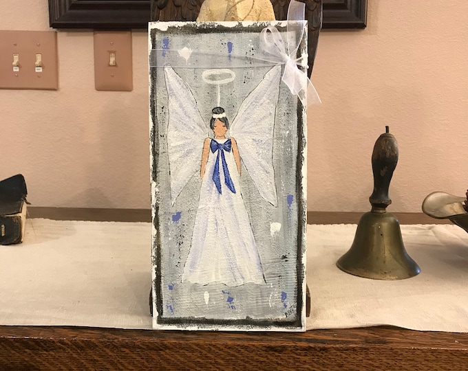 Rustic Angel, Handpainted Angel on Salvaged Wood, Blue Bow Angel, Angel ...