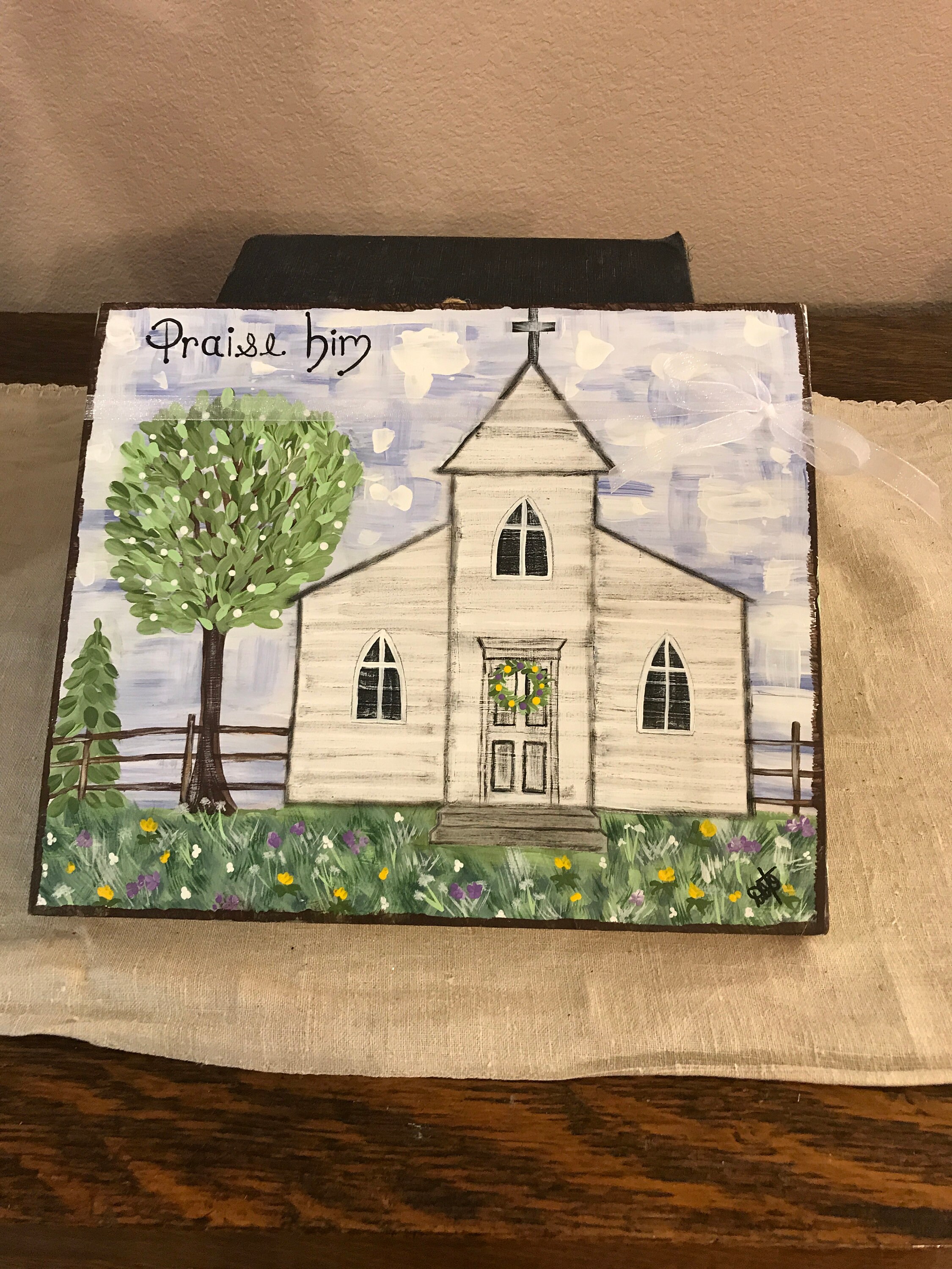Country church handpainted Spring church on wood Praise Him | Etsy