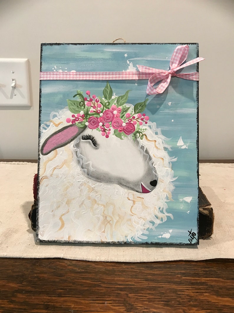 Ms Bliss Wooly Lamb With Florals Handpainted on Wood Sweet - Etsy