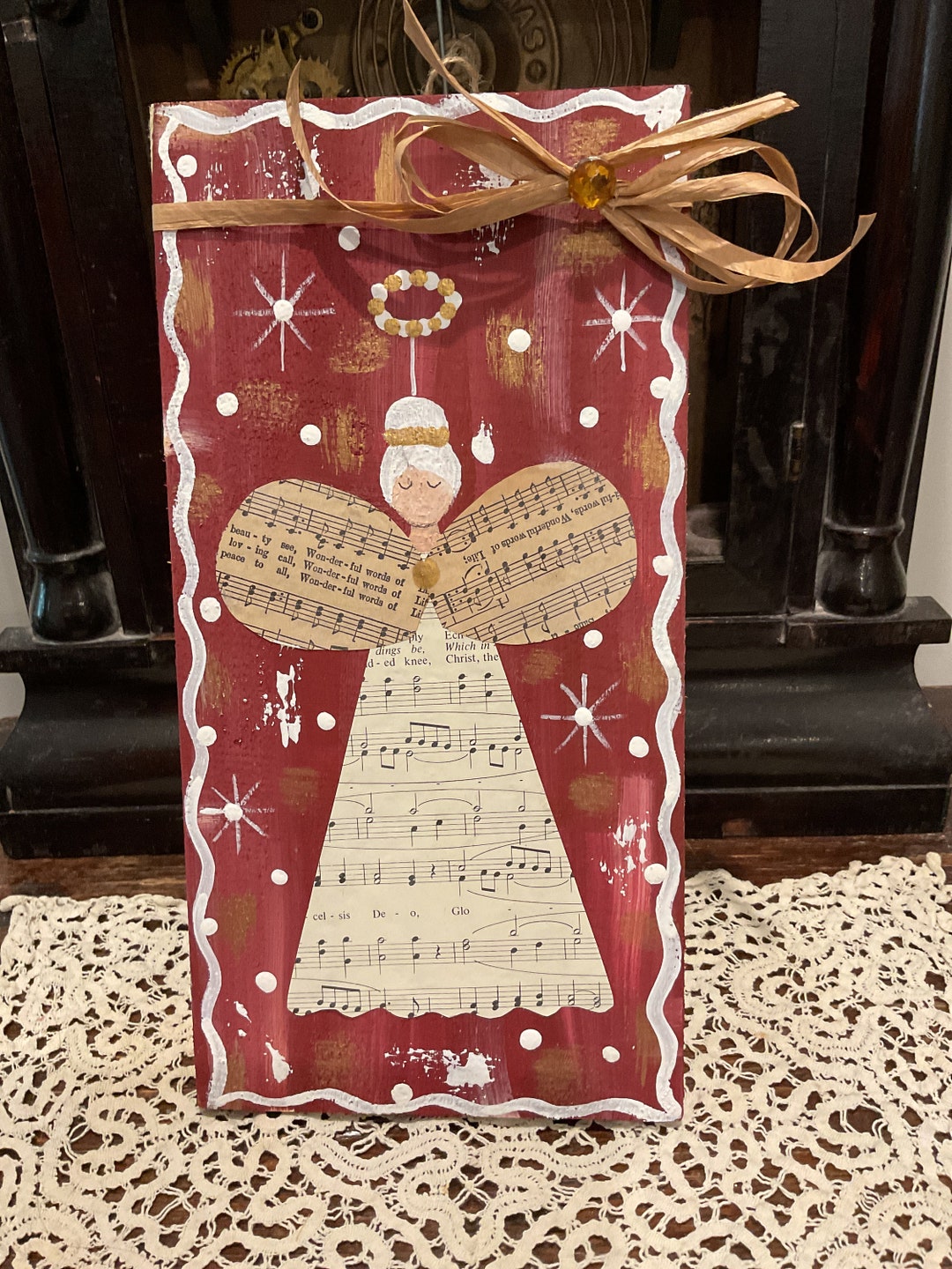 Angel Art, Guardian Angel, Folk Art, Rustic Angel, Hymnal Sheet Mixed ...