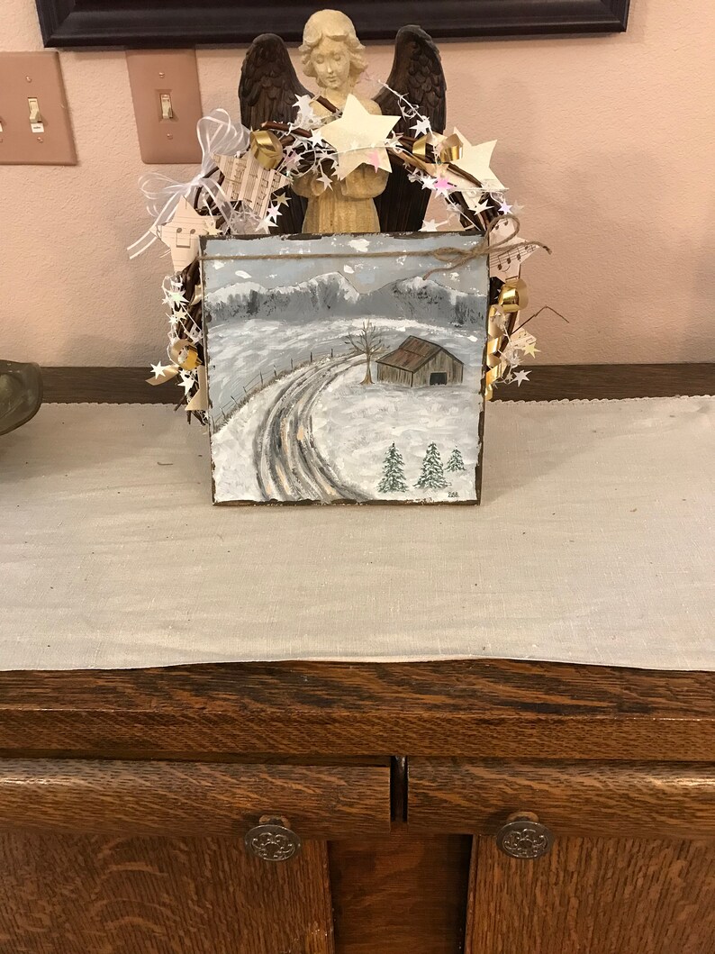 Gray winter day winter barn and mountains handpainted on | Etsy