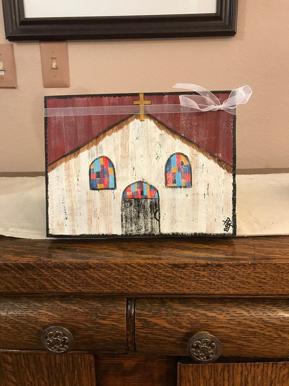 Pretty Rustic Church With Stained Glass Handpainted Onto a | Etsy