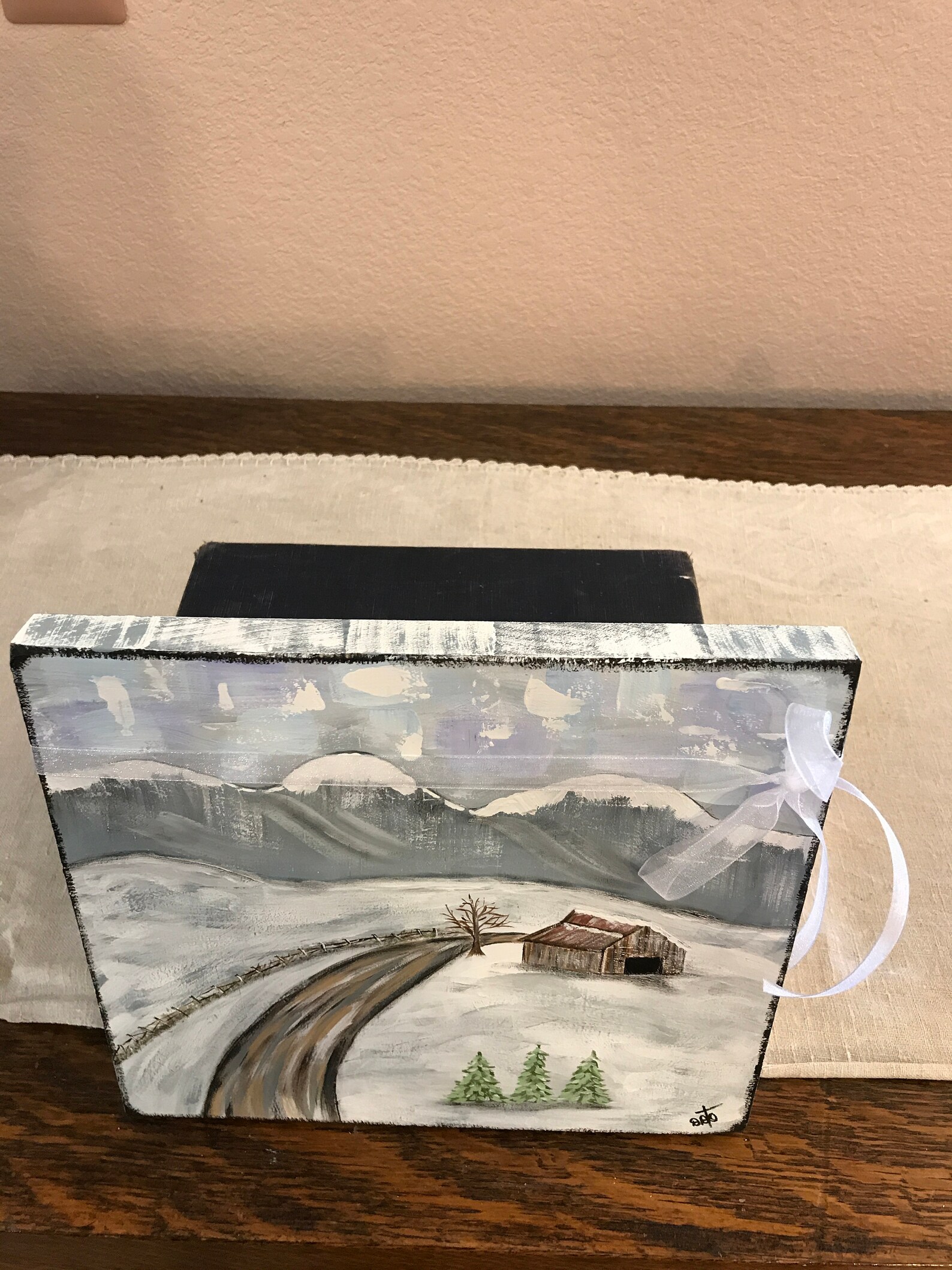Gray winter day winter barn and mountains handpainted on | Etsy