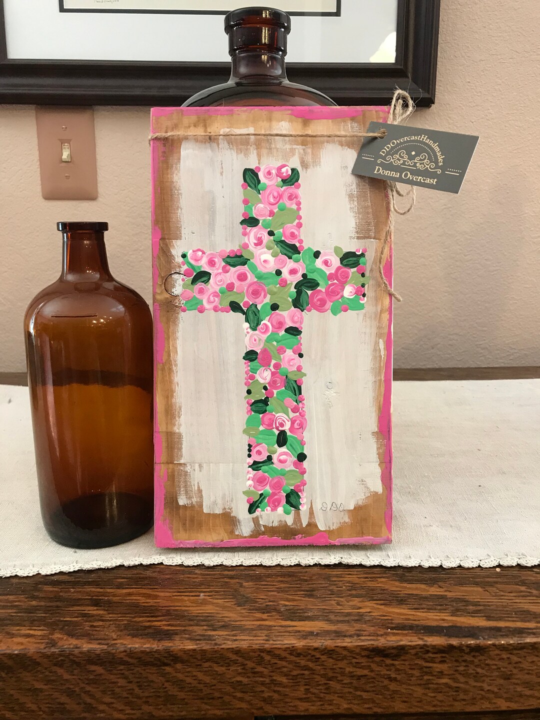 Pink Floral Cross Distressed Wood Handpainted on Chunky Wood Block ...