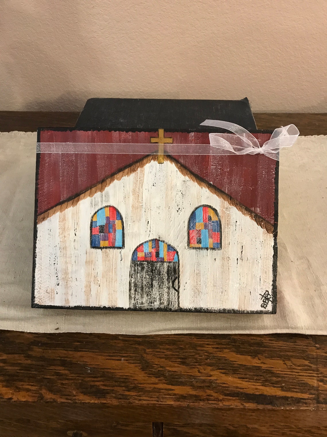 Pretty Rustic Church With Stained Glass Handpainted Onto a - Etsy