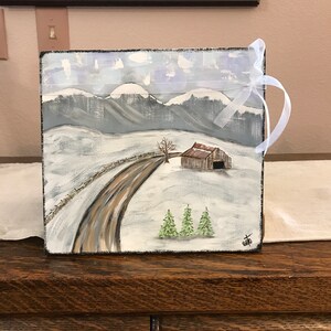 Gray Winter Day, Winter Barn and Mountains Handpainted on Standalone ...