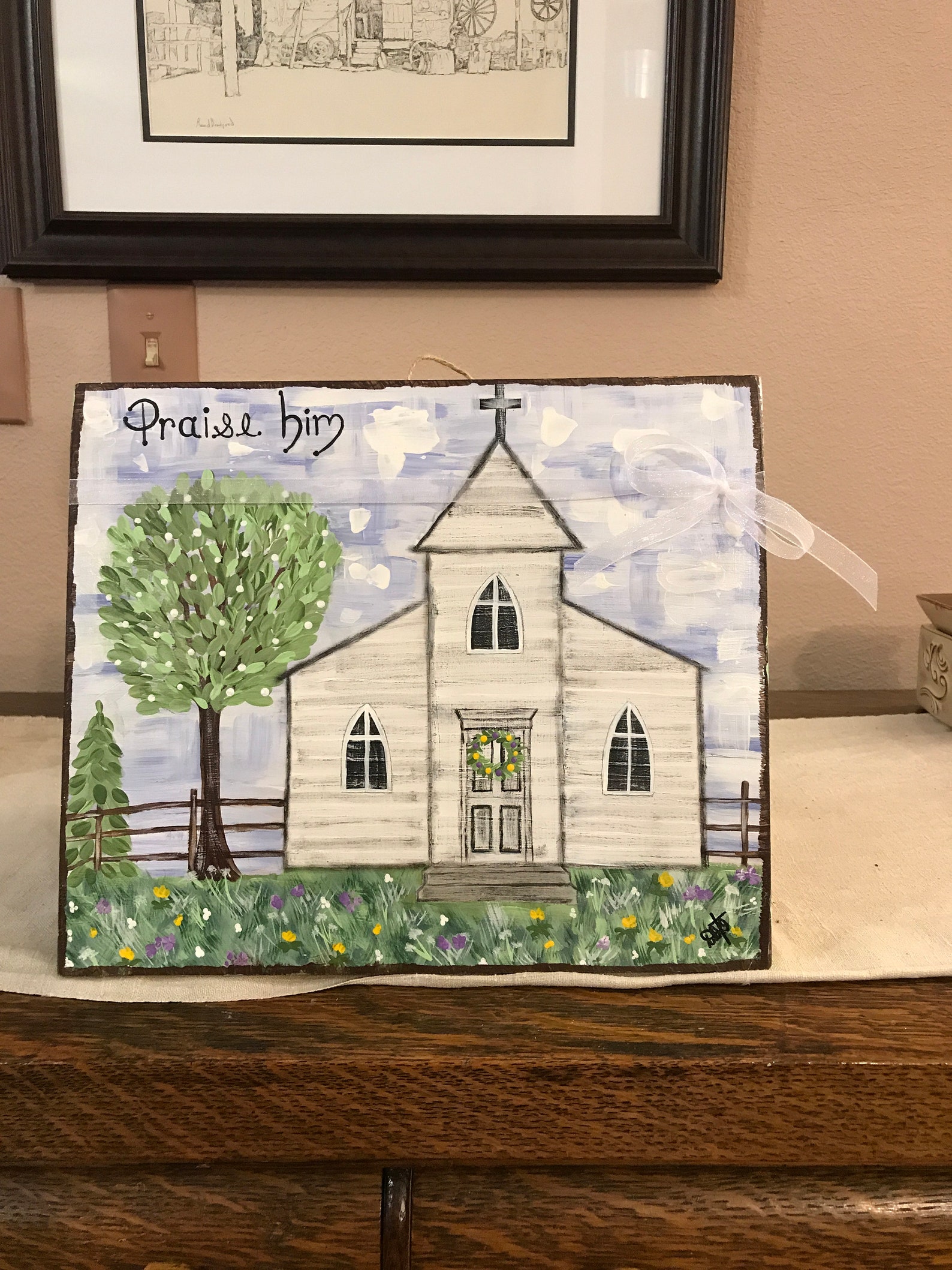 Country Church Handpainted Spring Church on Wood Praise Him - Etsy