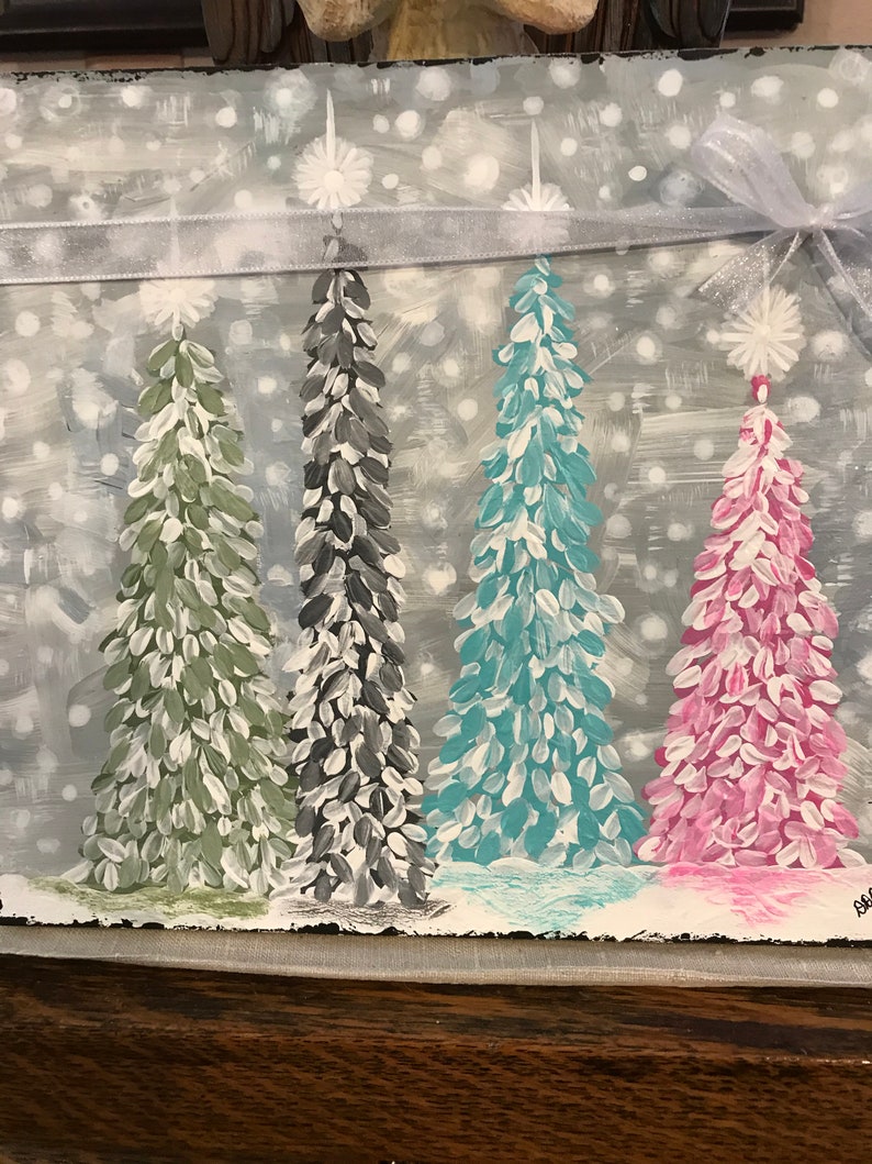 Winter whimsical trees handpainted art Christmas tree art | Etsy