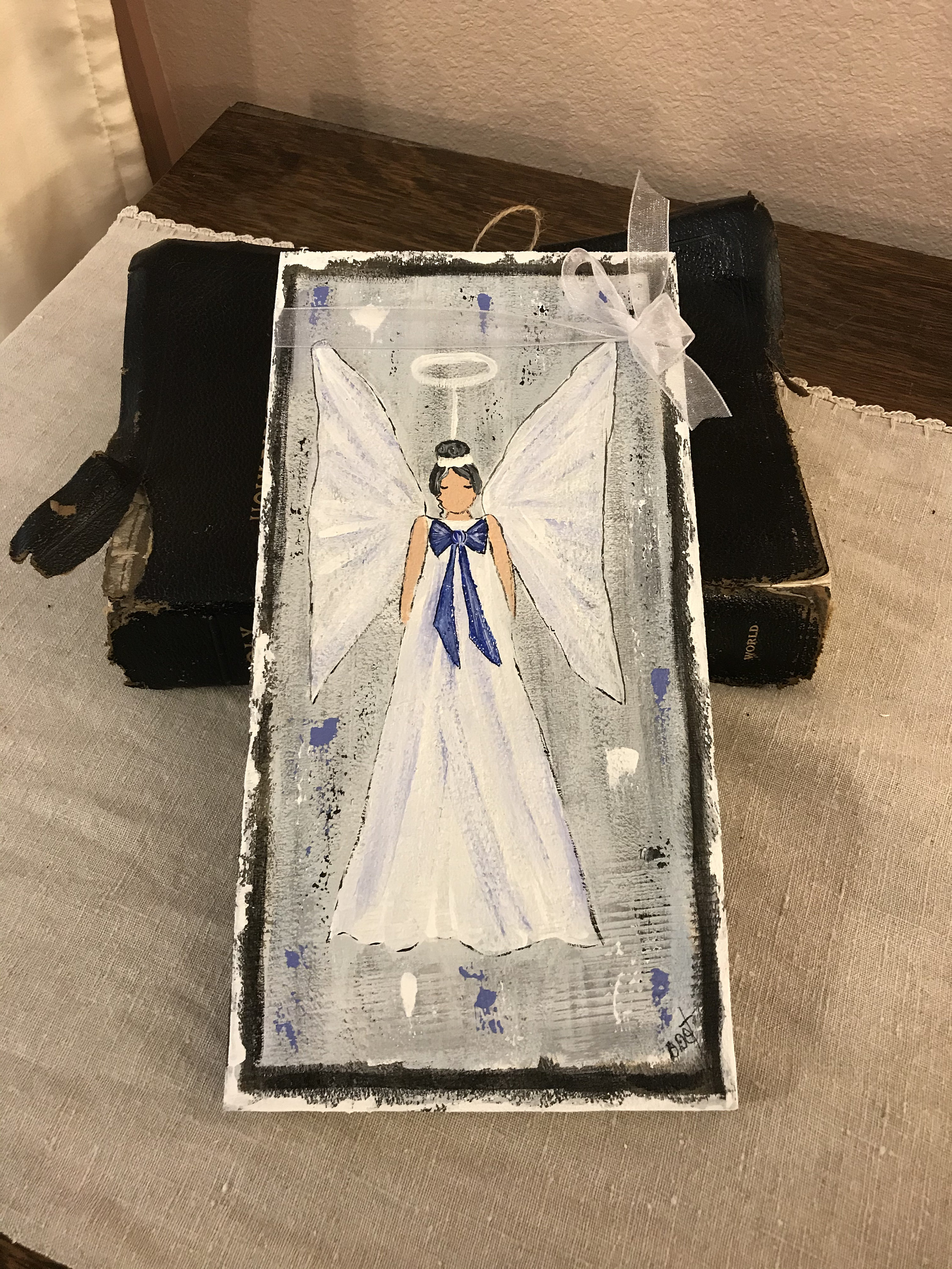 Rustic Angel Handpainted Angel on Salvaged Wood Blue Bow - Etsy