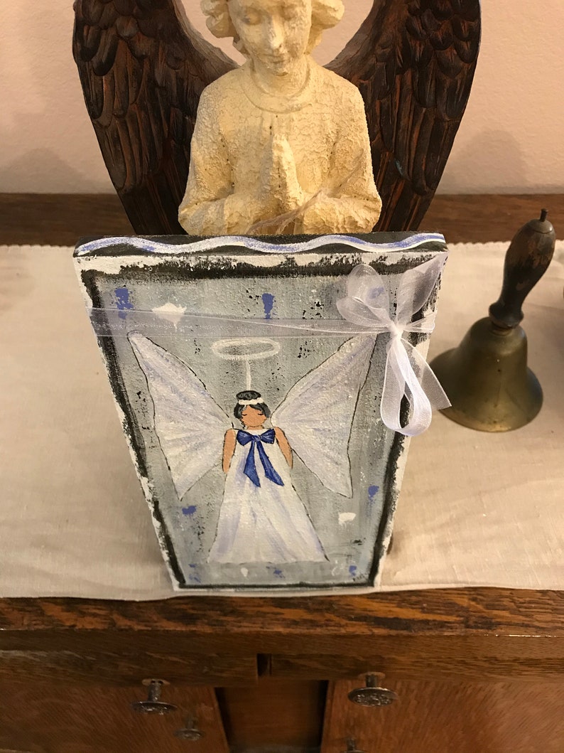 Rustic angel handpainted angel on salvaged wood blue bow | Etsy