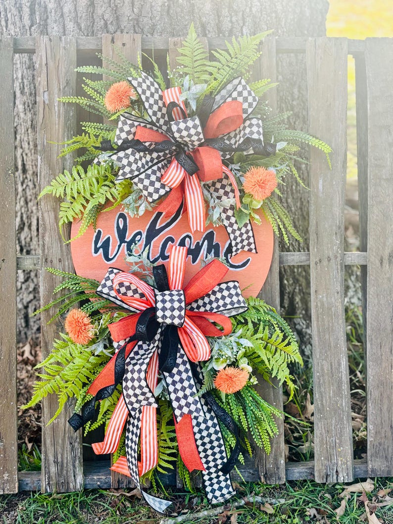 Fall Wooden Door Hanger | Welcome Sign With Bows, Beaded Grass & Fern ...