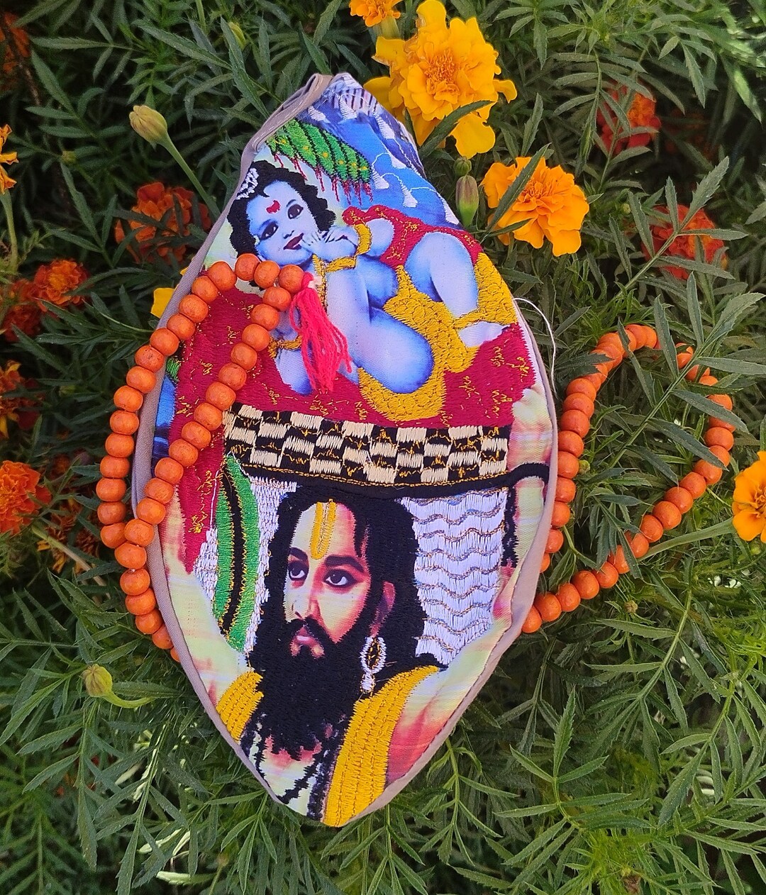 Beautiful Orange Tulsi Japa Mala Whith Bag,krishna Basudev Photos Handmade Bag From Vrindavan ...