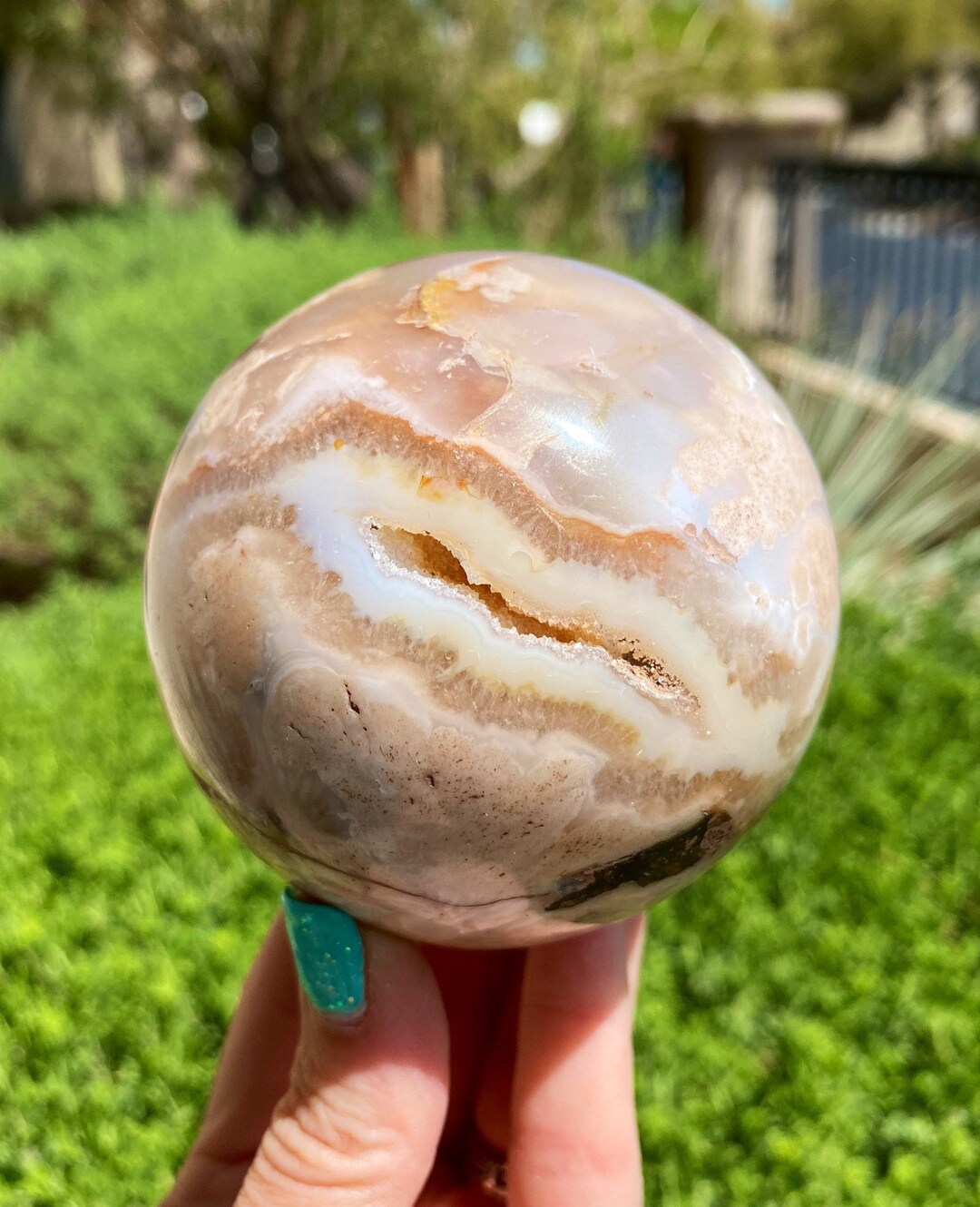 1.4lb Druzy Flower Agate Sphere W/ Stand 75mm, Polished Flower Agate ...