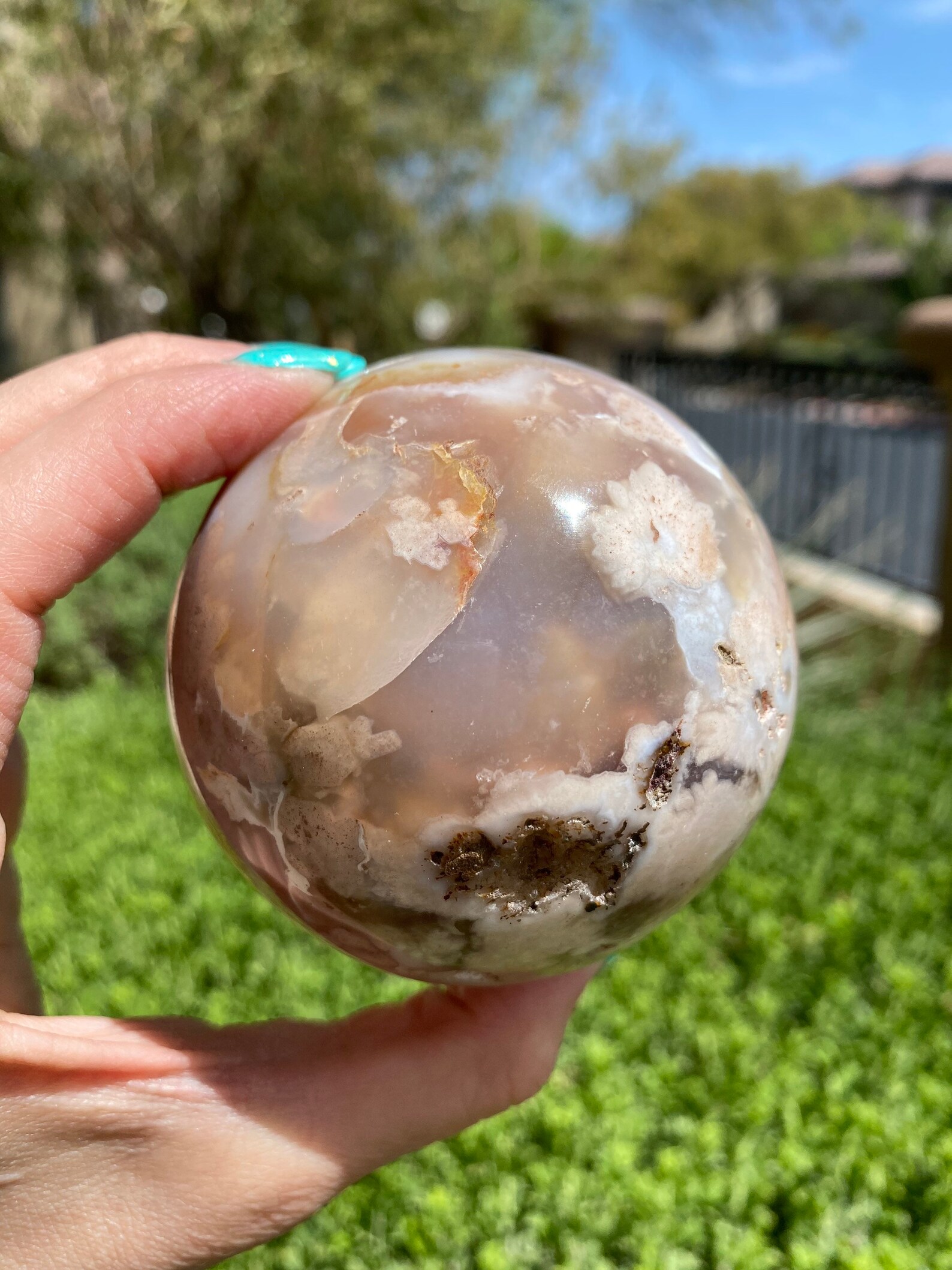1.4lb Druzy Flower Agate Sphere W/ Stand 75mm, Polished Flower Agate ...
